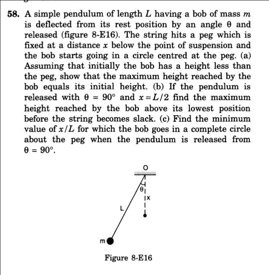 58. A simple pendulum of length L having a bob of mass m is deflected fro..