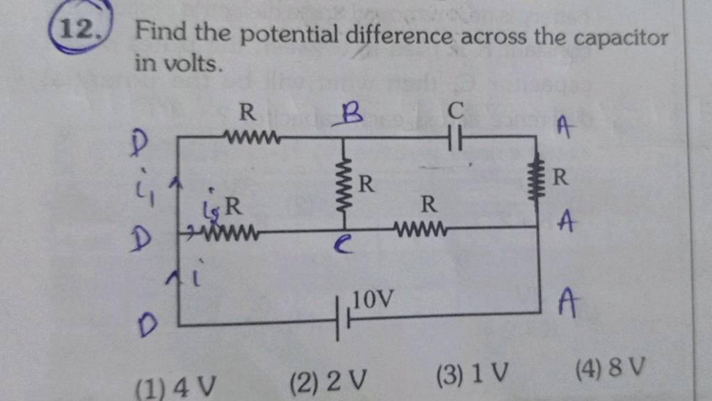 Find the potential difference across the capacitor in volts. | Filo