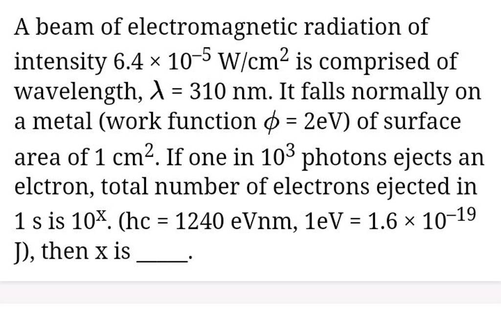 A beam of electromagnetic radiation of intensity 6.4imes10−5mathrm W/math..