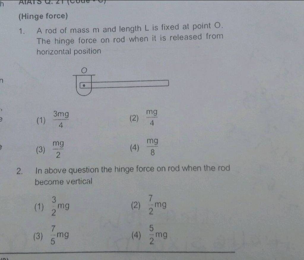 (Hinge force) 1. A rod of mass m and length L is fixed at point O. The hi..