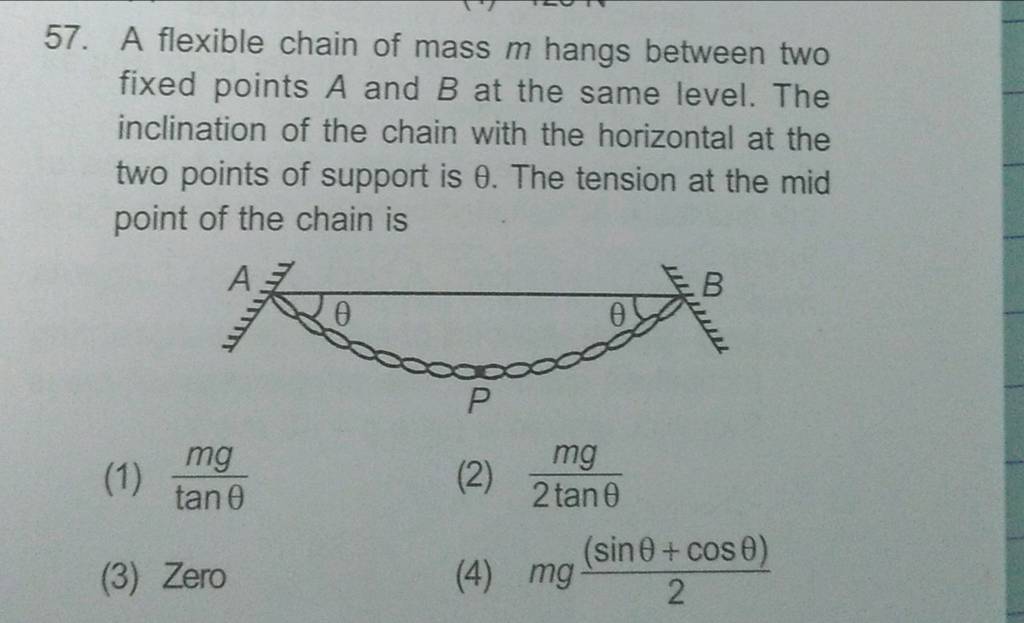 A flexible chain of mass m hangs between two fixed points A and B at the