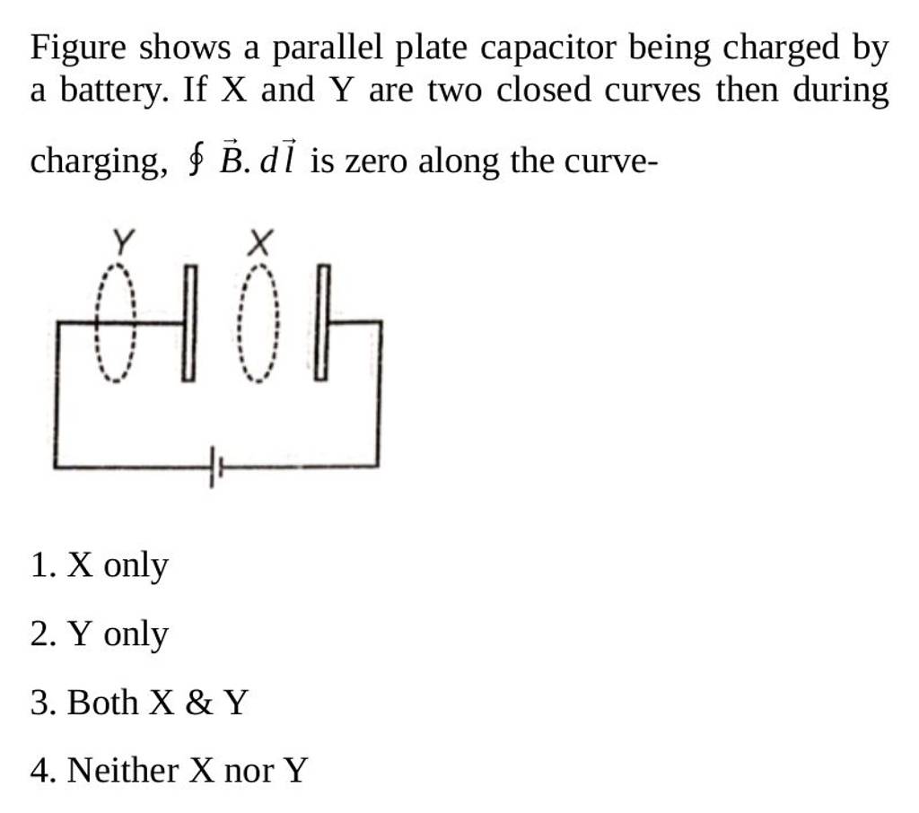 Figure shows a parallel plate capacitor being charged by a battery. If X