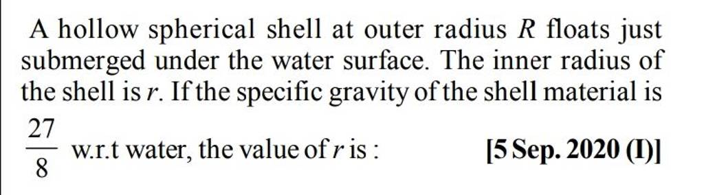 A hollow spherical shell at outer radius R floats just submerged under th..