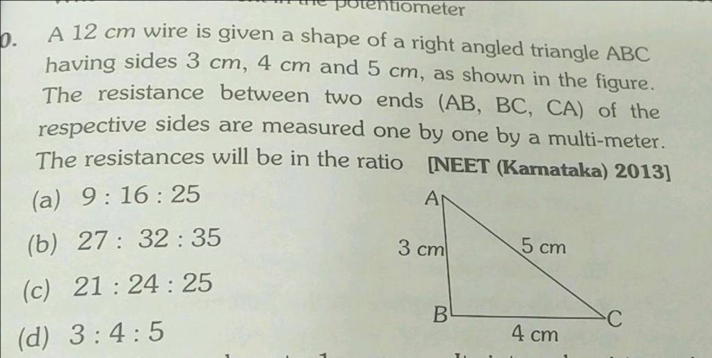 A 12mathrm cm wire is given a shape of a right angled triangle ABC having..