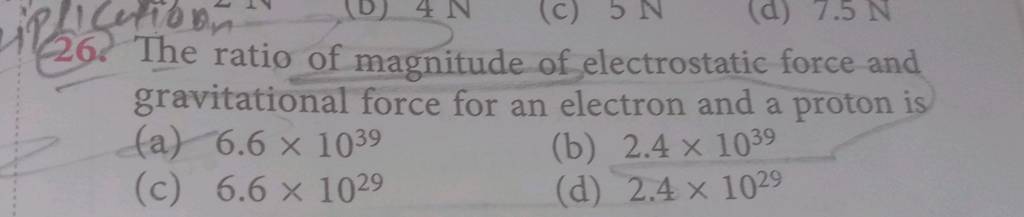 The ratio of magnitude of electrostatic force and gravitational force for..