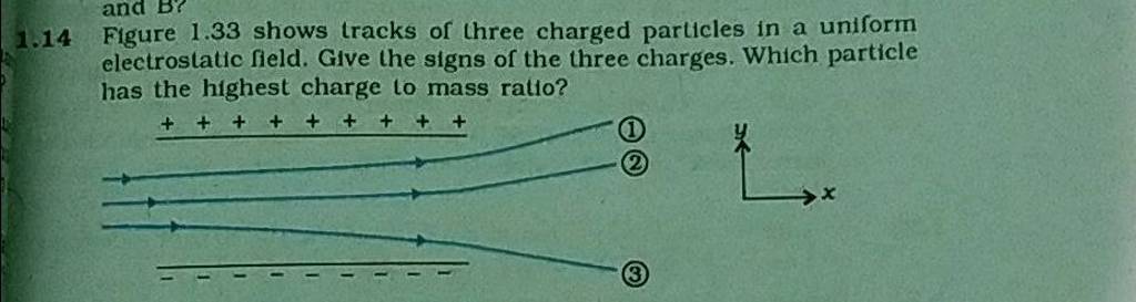 1.14 Figure 1.33 shows tracks of three charged particles in a uniform ele..
