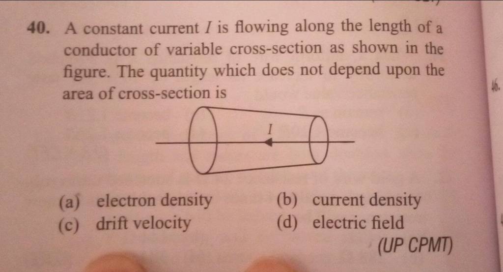 A constant current I is flowing along the length of a conductor of variab..