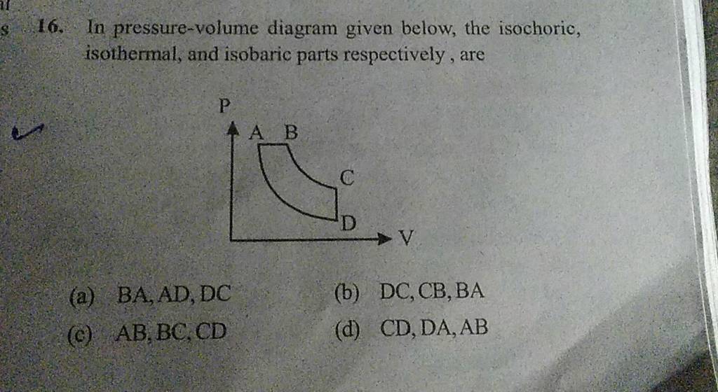 In pressure-volume diagram given below, the isochoric, isothermal, and is..