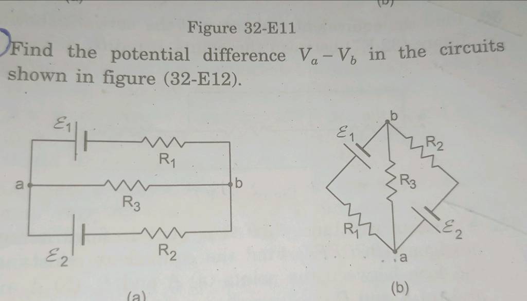 Figure 32-E11 Find the potential difference Va −Vb in the circuits shown..