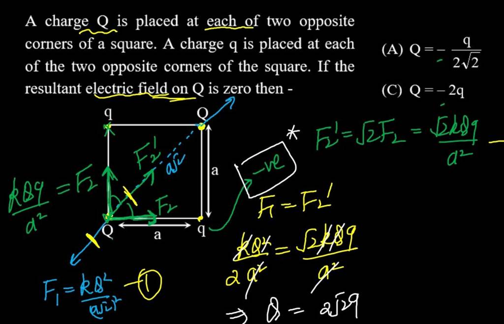 A charge Q is placed at each of two opposite corners of a square. A charg..