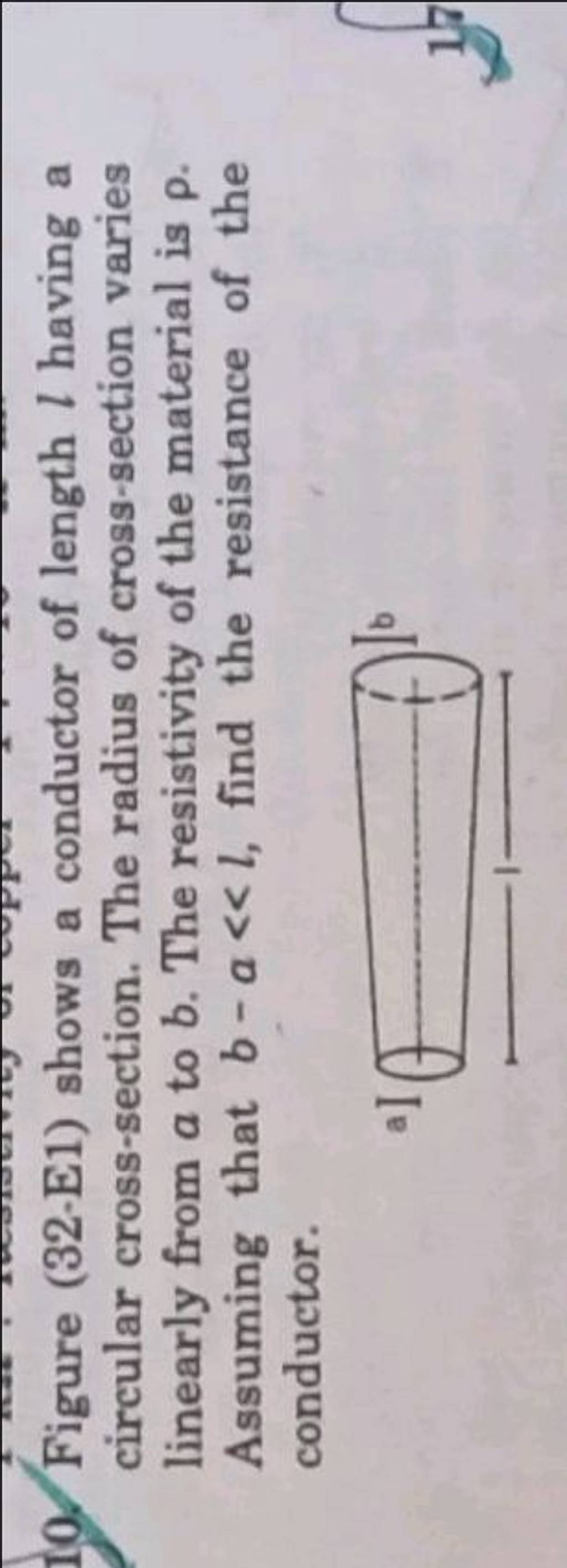 Figure (32-E1) shows a conductor of length l having a circular cross-sect..