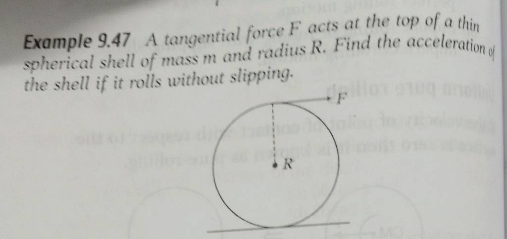 Example 9.47 A tangential force F acts at the top of a thin spherical she..