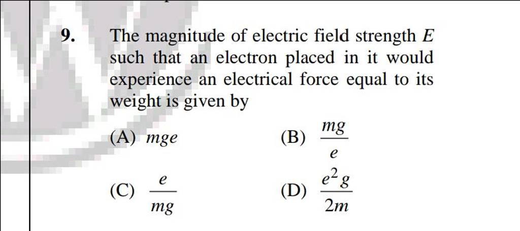 The magnitude of electric field strength E such that an electron placed i..