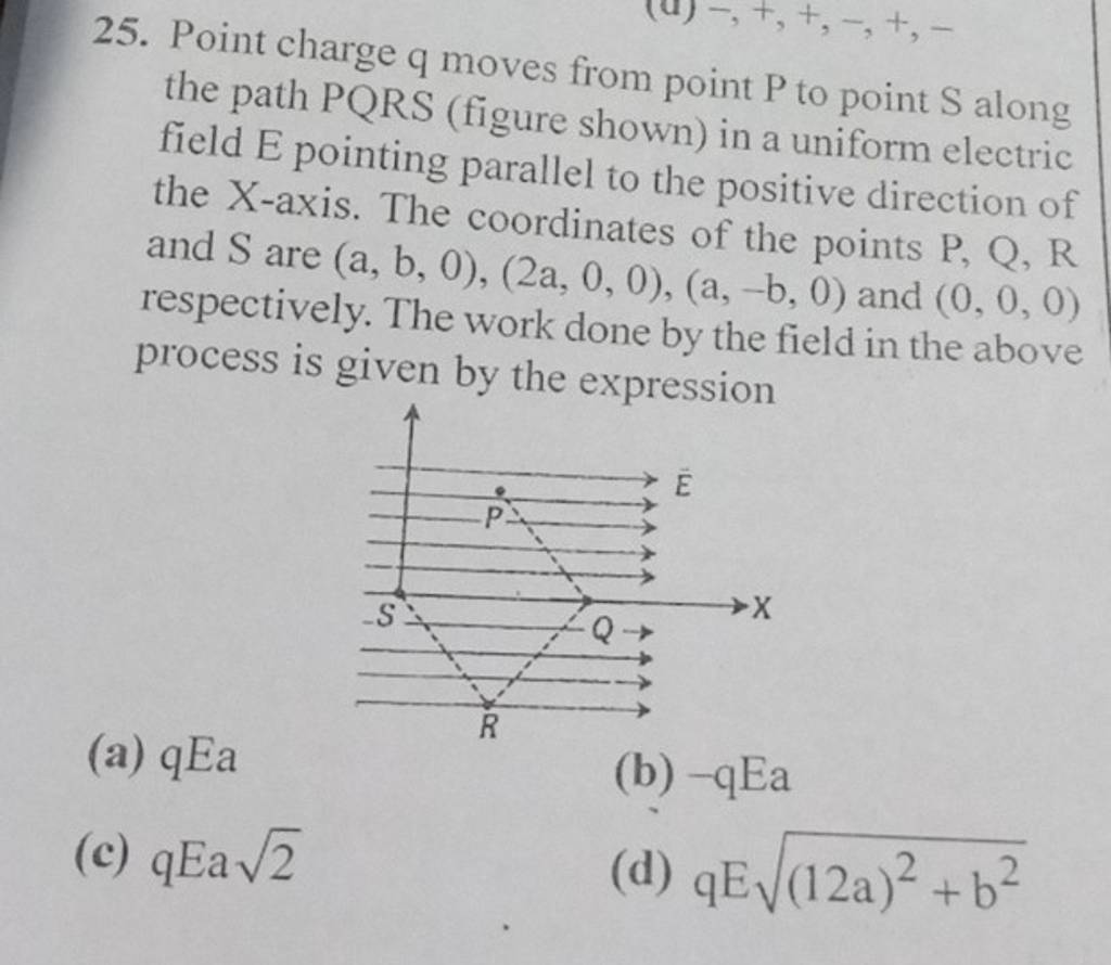 25. Point charge mathrmq moves from point mathrmP to point mathrmS along