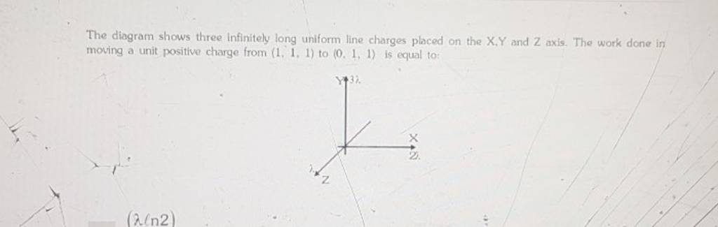 The diagram shows three infinitely long uniform line charges placed on th..