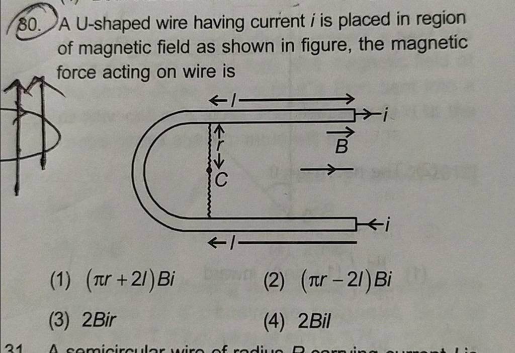 A U-shaped wire having current i is placed in region of magnetic field as..
