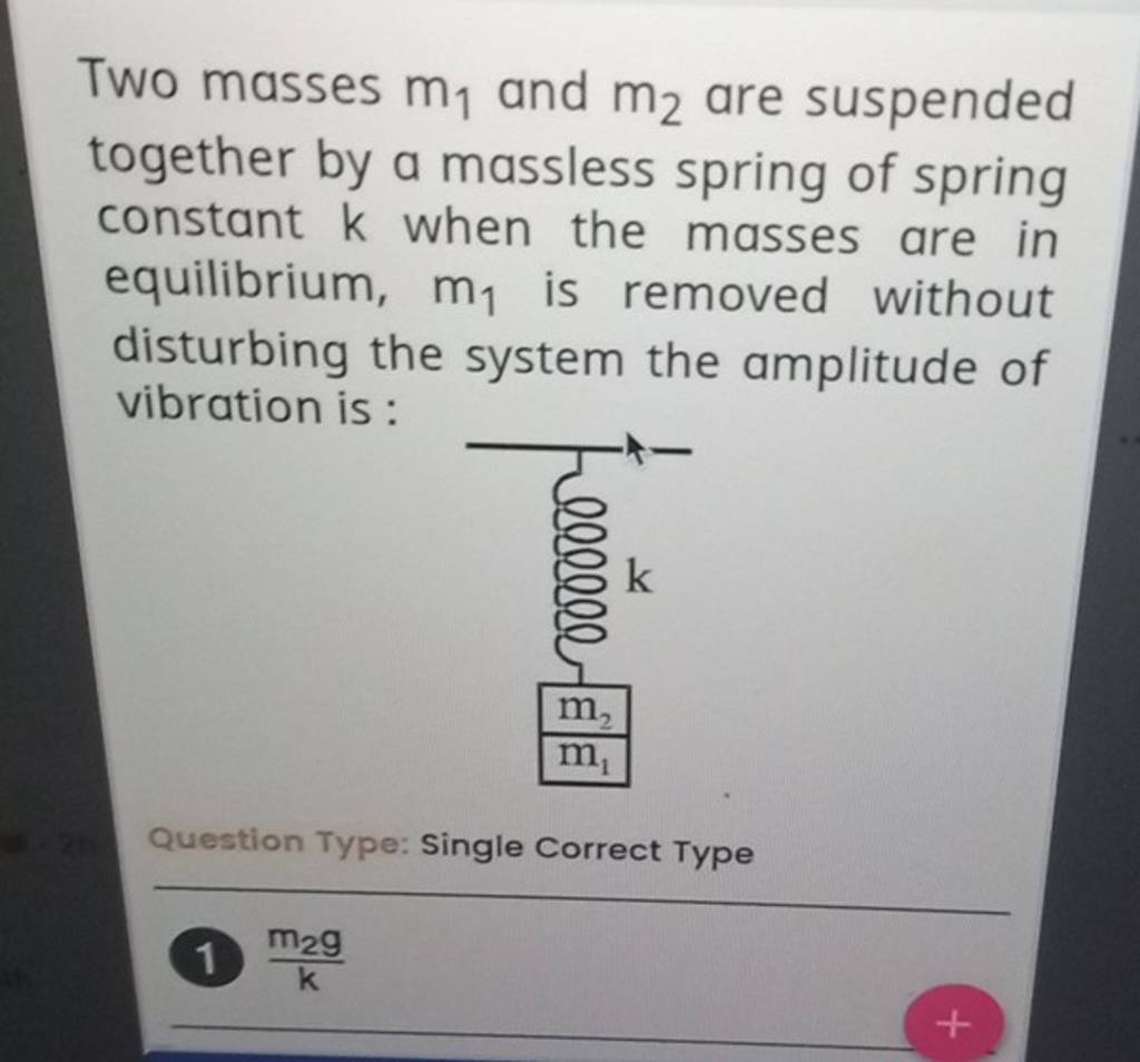 Two masses m1 and m2 are suspended together by a massless spring of spr..