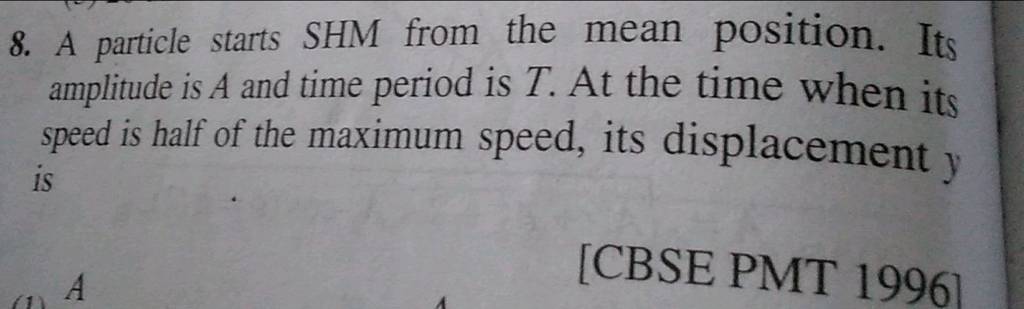 8. A particle starts SHM from the mean position. Its amplitude is A and t..
