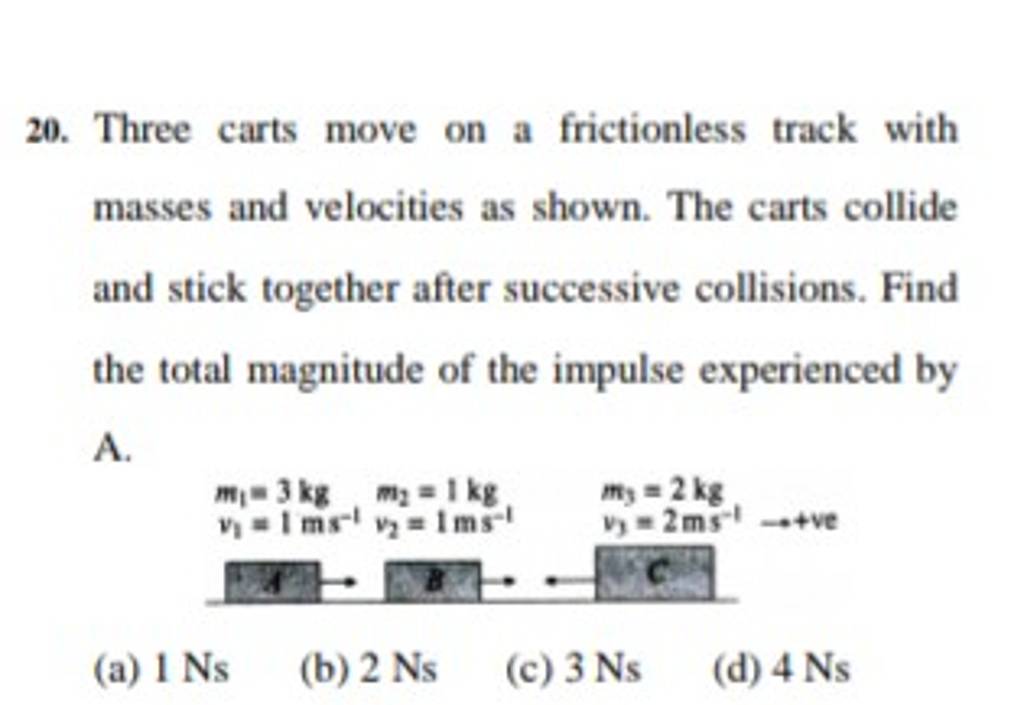 Three carts move on a frictionless track with masses and velocities as sh..
