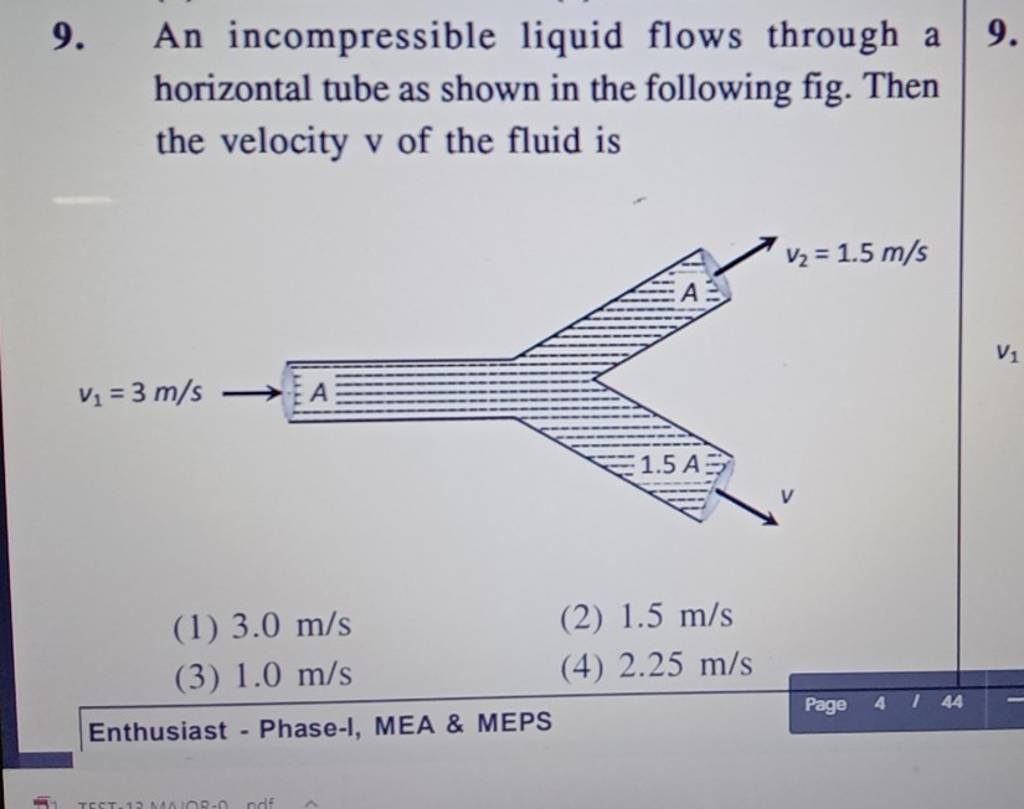 An incompressible liquid flows through a horizontal tube as shown in the