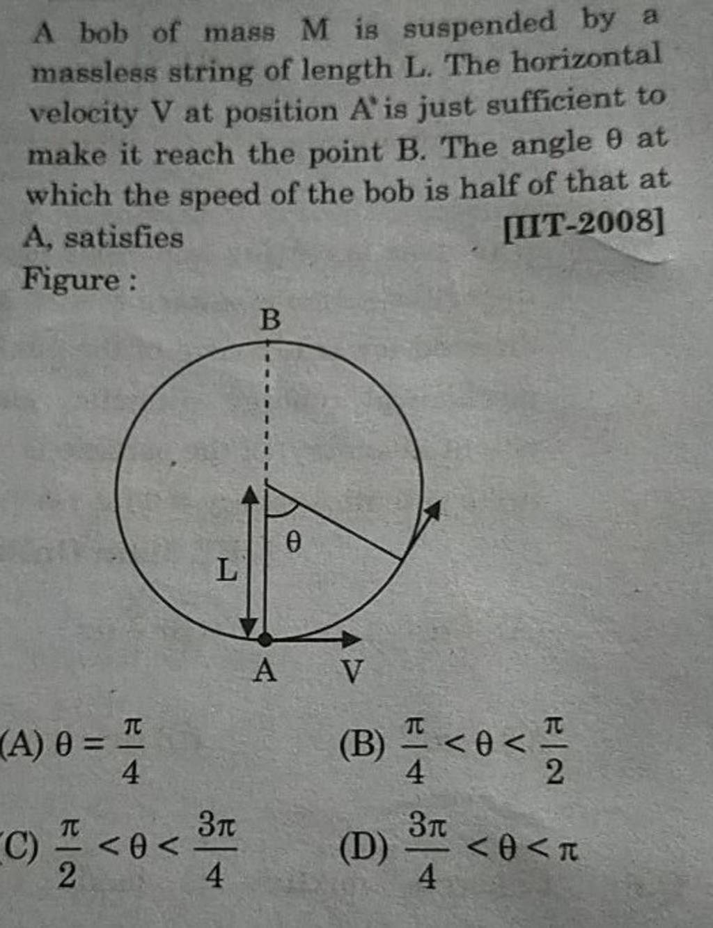 A bob of mass M is suspended by a massless string of length L. The horizo..