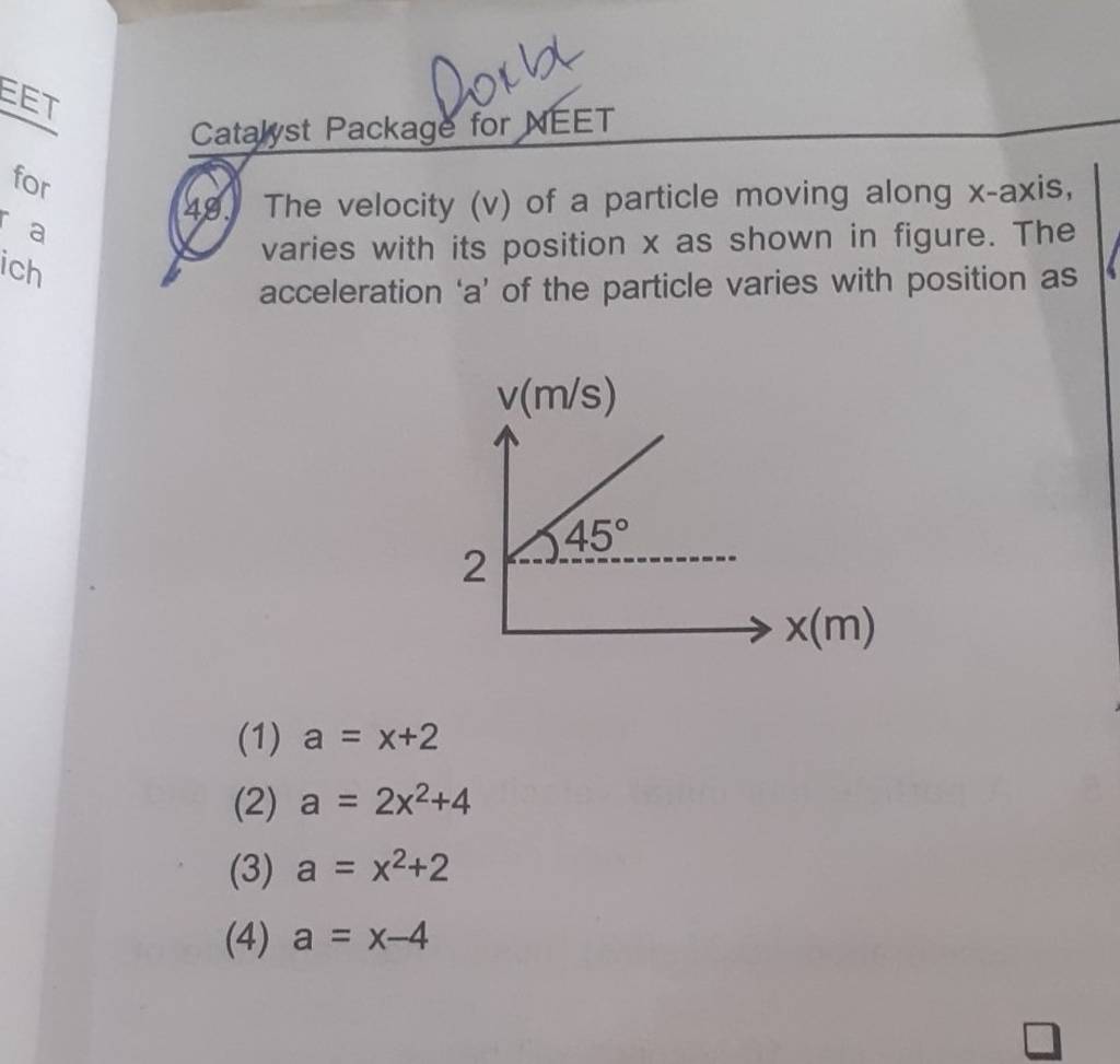 Catayst Package for NEET The velocity (v) of a particle moving along x-ax..