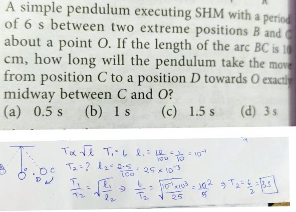 A simple pendulum executing SHM with a period of 6mathrm s between two ex..