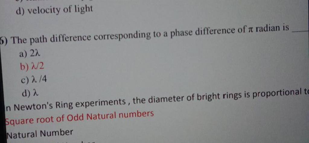 The path difference corresponding to a phase difference of pi radian is..