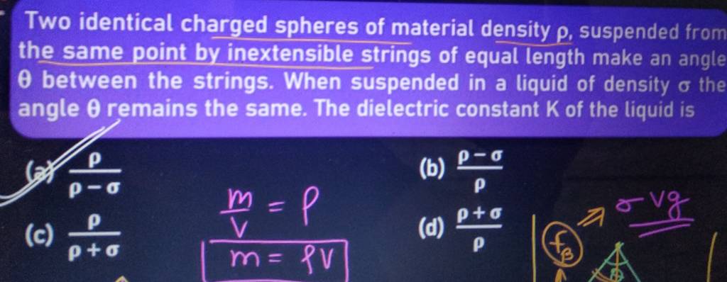 Two identical charged spheres of material density ho, suspended from the Two identical charged spheres of material density ho, suspended from the