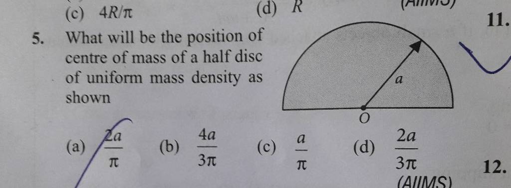 What will be the position of centre of mass of a half disc of uniform mas..