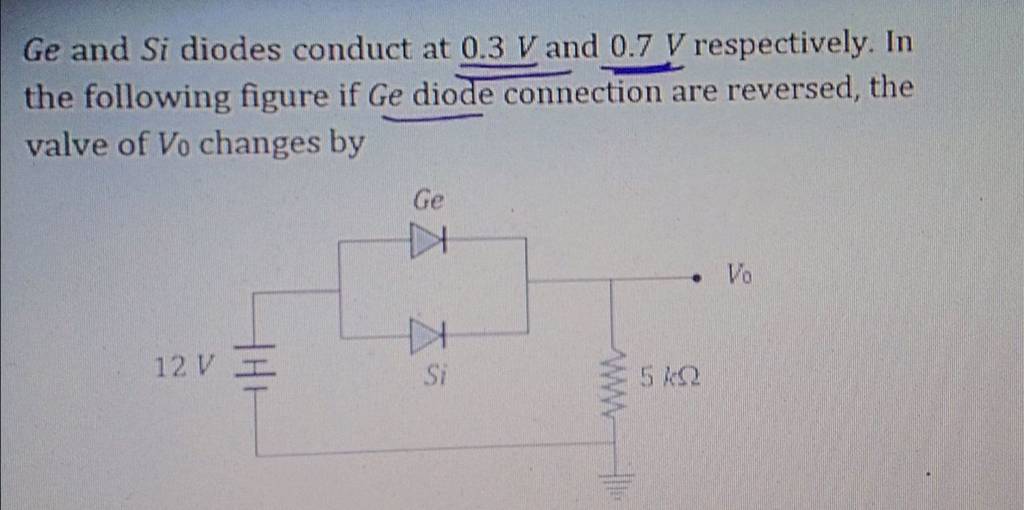 Ge and Si diodes conduct at underline0.3V and 0.7V respectively. In the f..