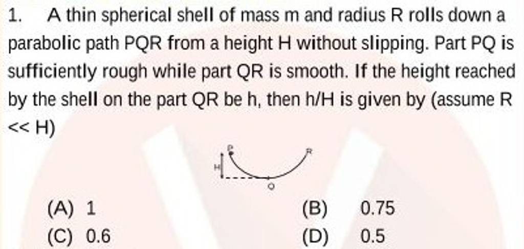A thin spherical shell of mass m and radius R rolls down a parabolic path..