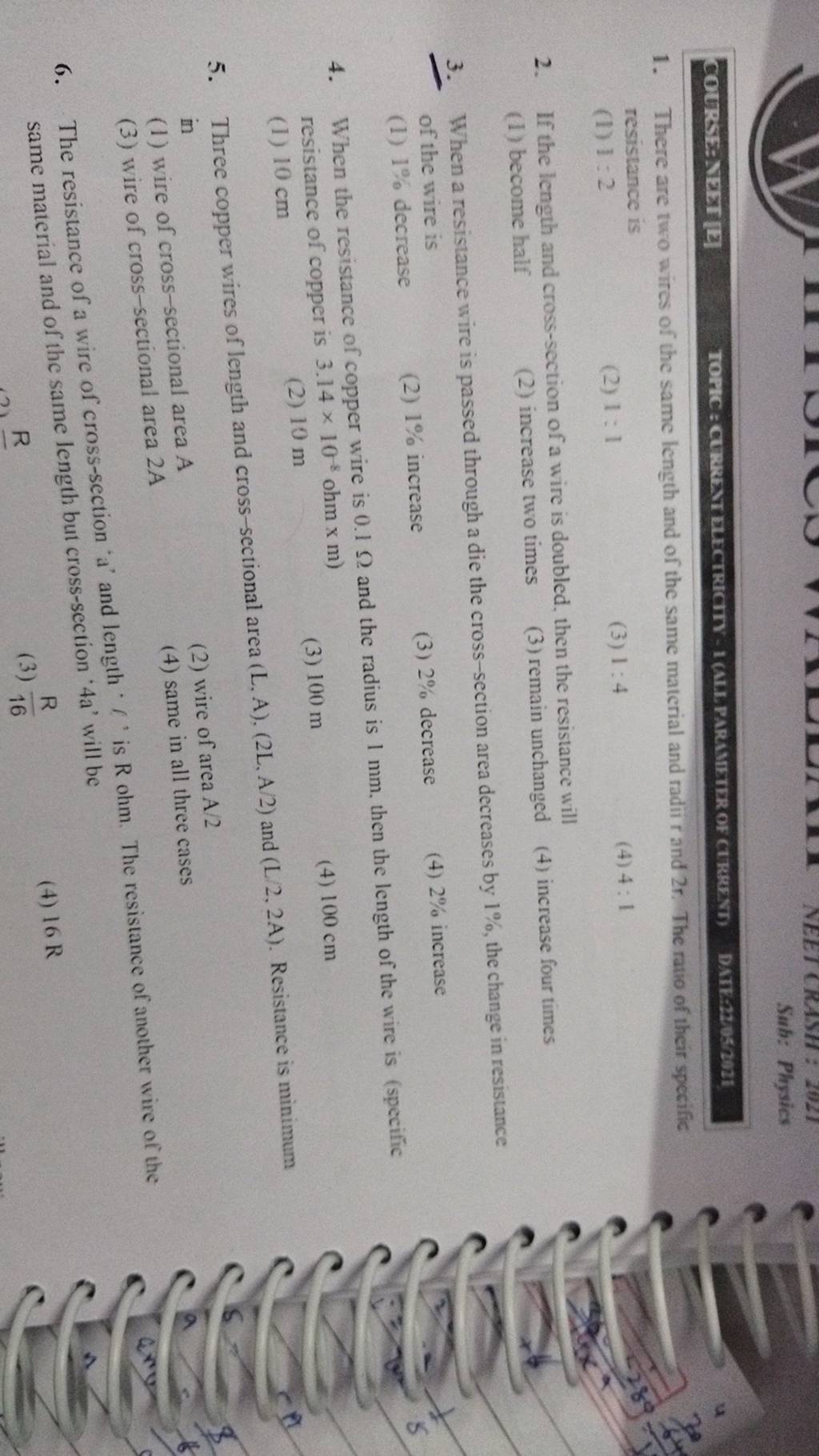 The resistance of a wire of cross-section a and length l is R ohm. Th..
