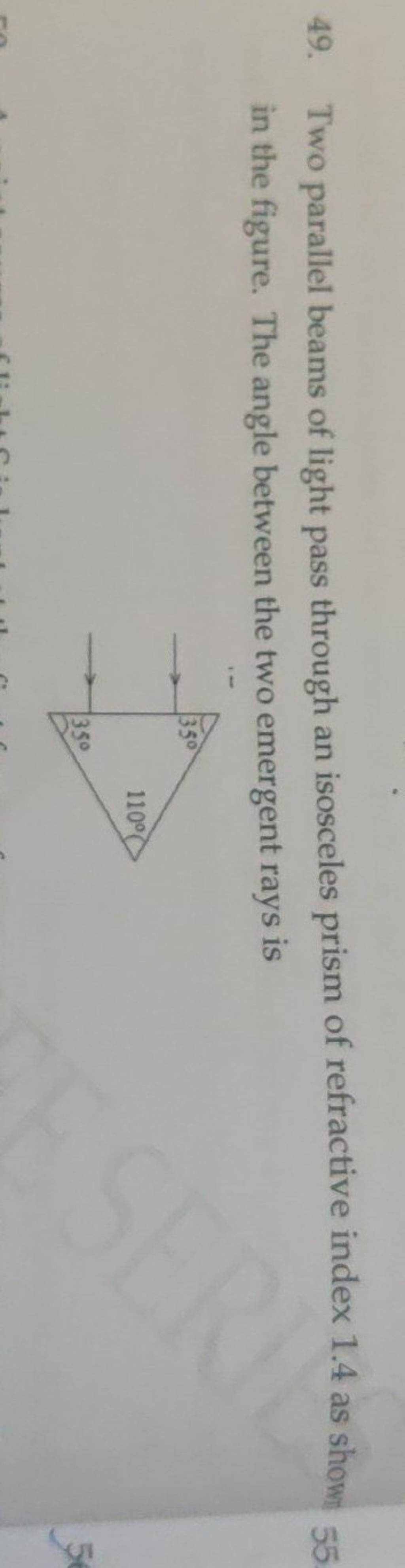 49. Two parallel beams of light pass through an isosceles prism of refrac..