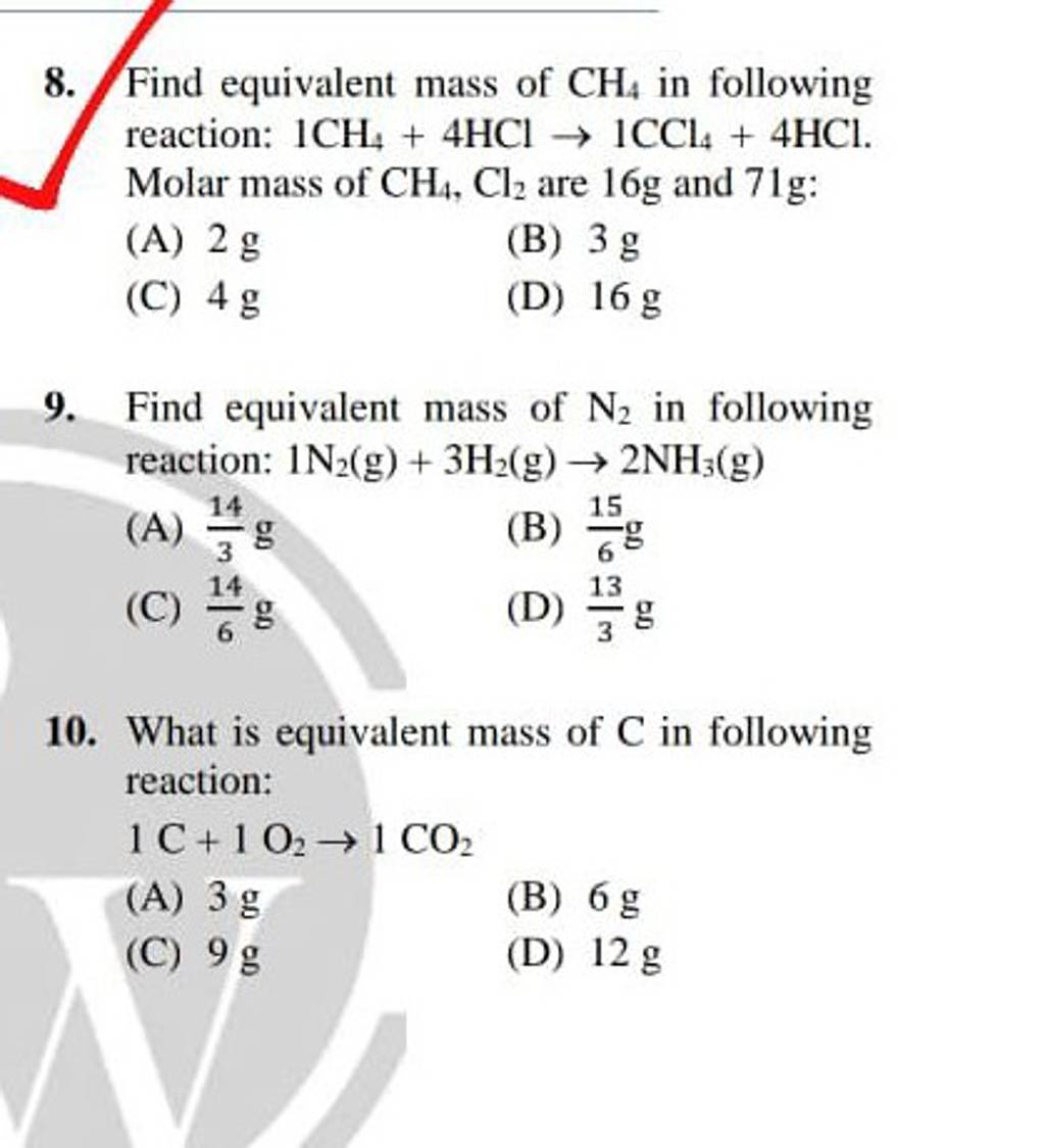 What Is Equivalent Mass Of Mathrmc In Following Reaction 1mathrmc 1mathr