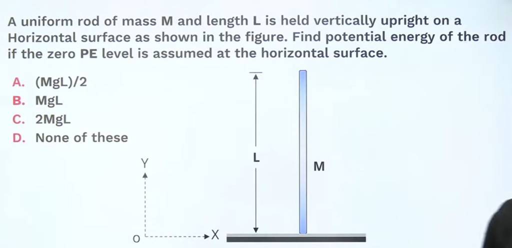 A uniform rod of mass M and length L is held vertically upright on a Hori..