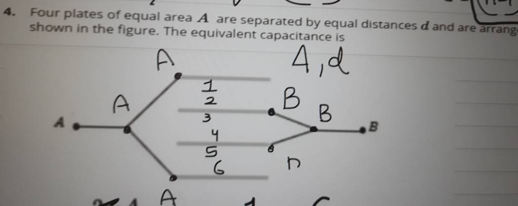 4. Four plates of equal area A are separated by equal distances d and are..