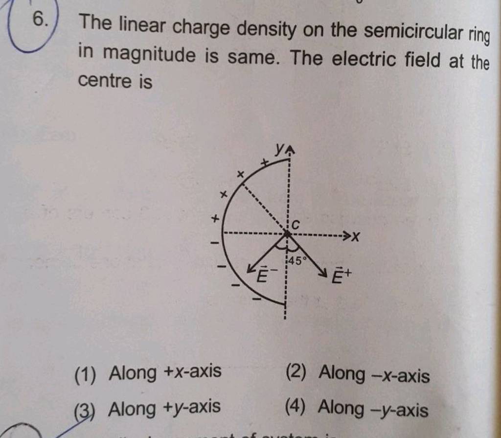 The linear charge density on the semicircular ring in magnitude is same.