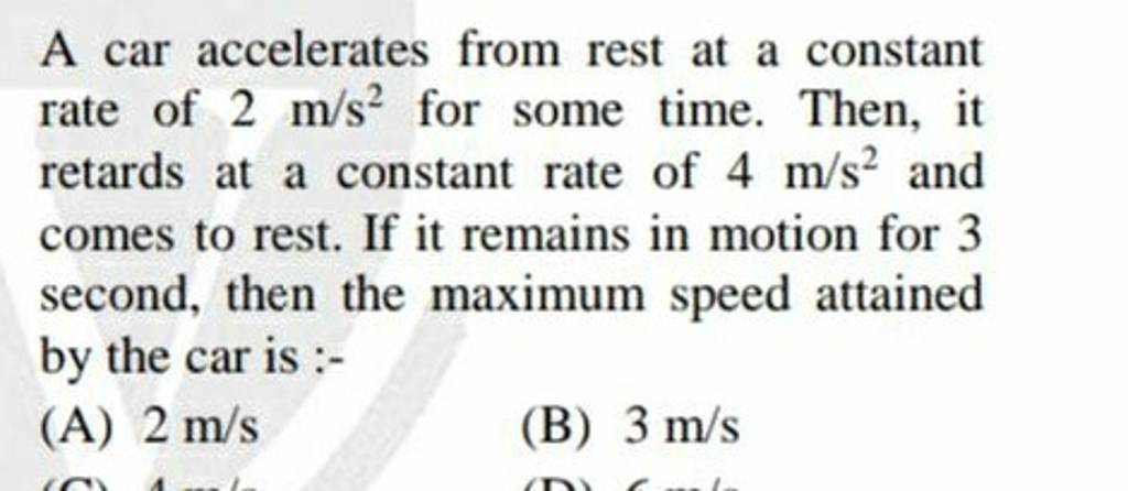 A car accelerates from rest at a constant rate of 2mathrm m/mathrms2 for