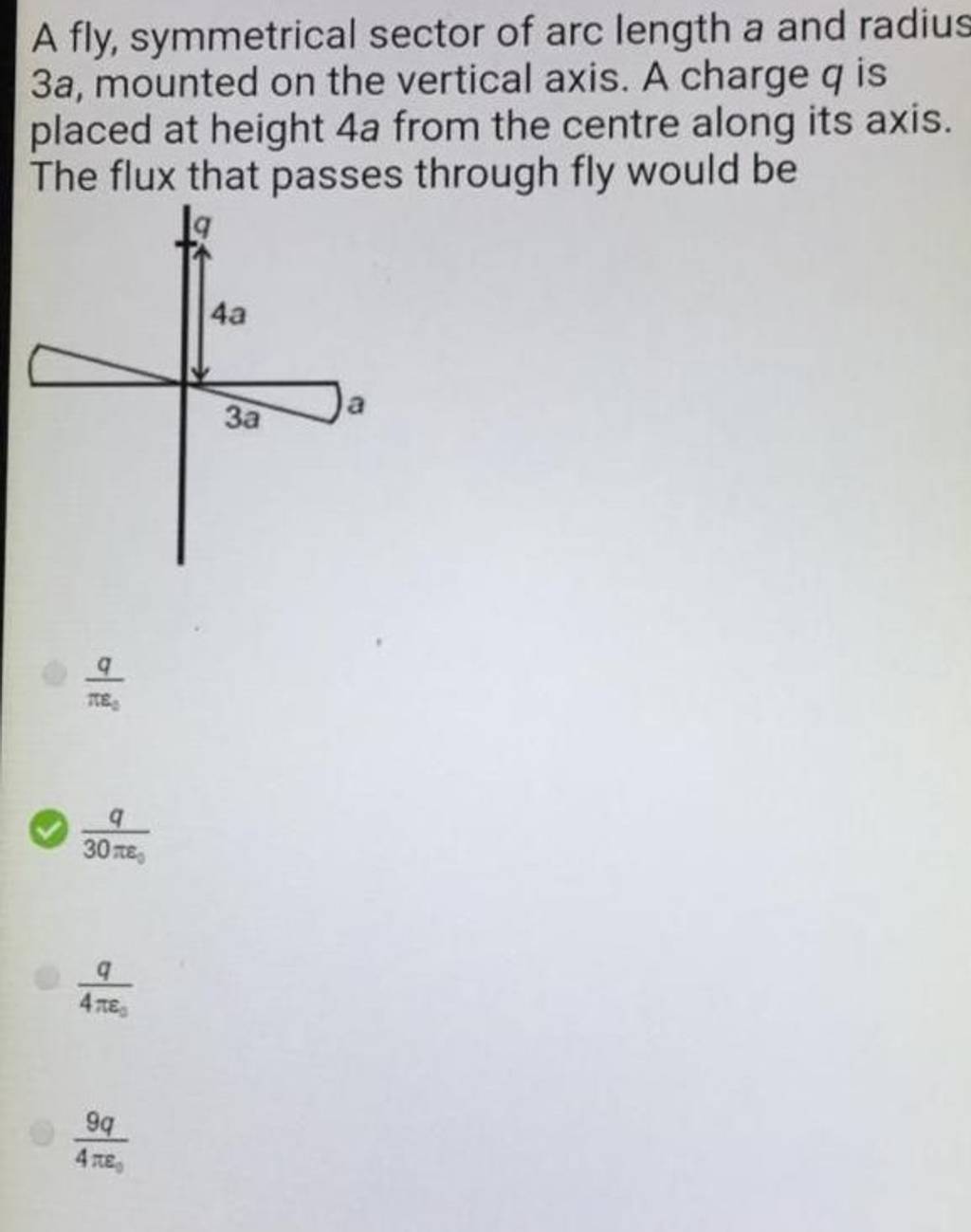 A fly, symmetrical sector of arc length a and radius 3a, mounted on the v..
