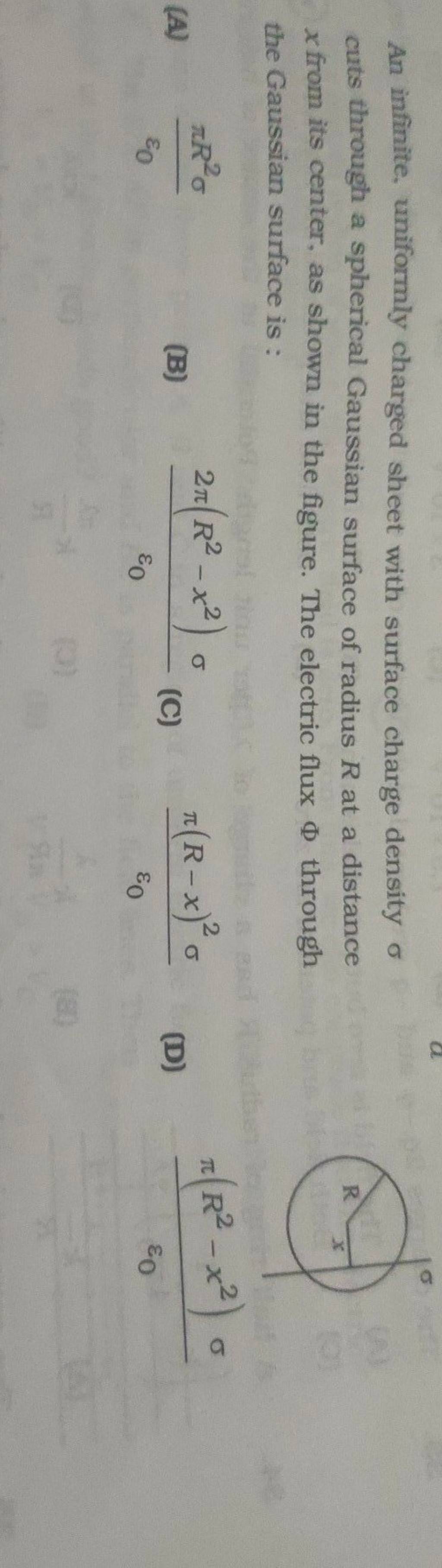 An infinite, uniformly charged sheet with surface charge density sigma cu..