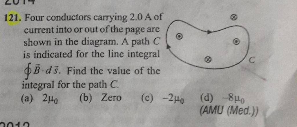 Four conductors carrying 2.0mathrm A of current into or out of the page a..