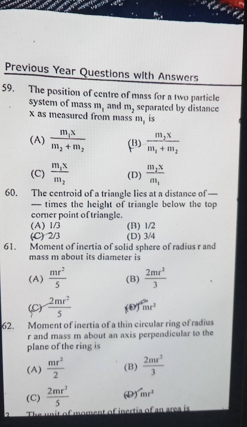 Moment of inertia of solid sphere of radius mathrmr and mass m about its