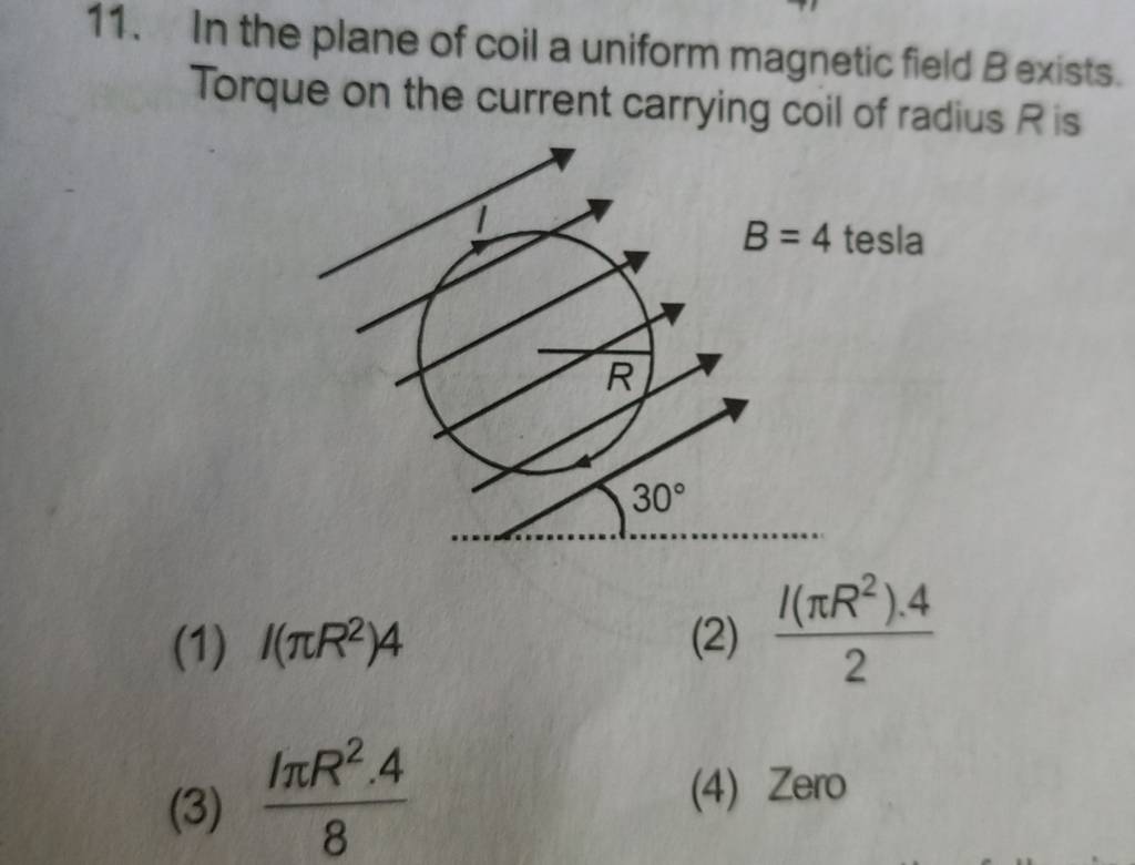 In the plane of coil a uniform magnetic field B exists. Torque on the cur..