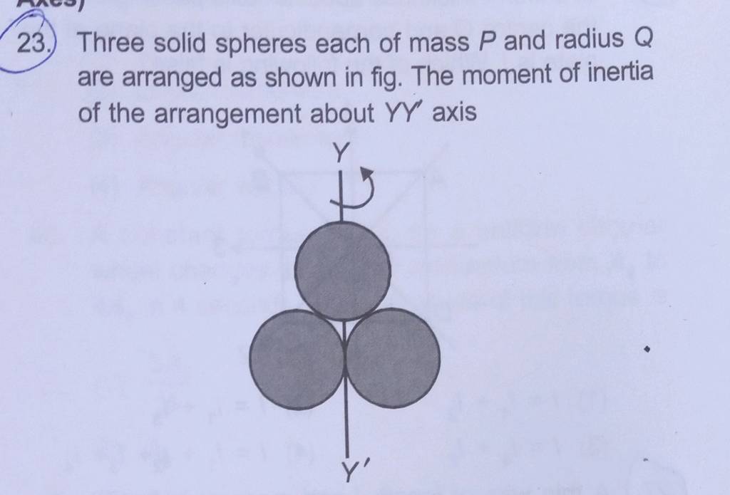 23. Three solid spheres each of mass P and radius Q are arranged as shown..
