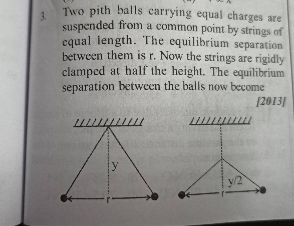 3. Two pith balls carrying equal charges are suspended from a common poin..