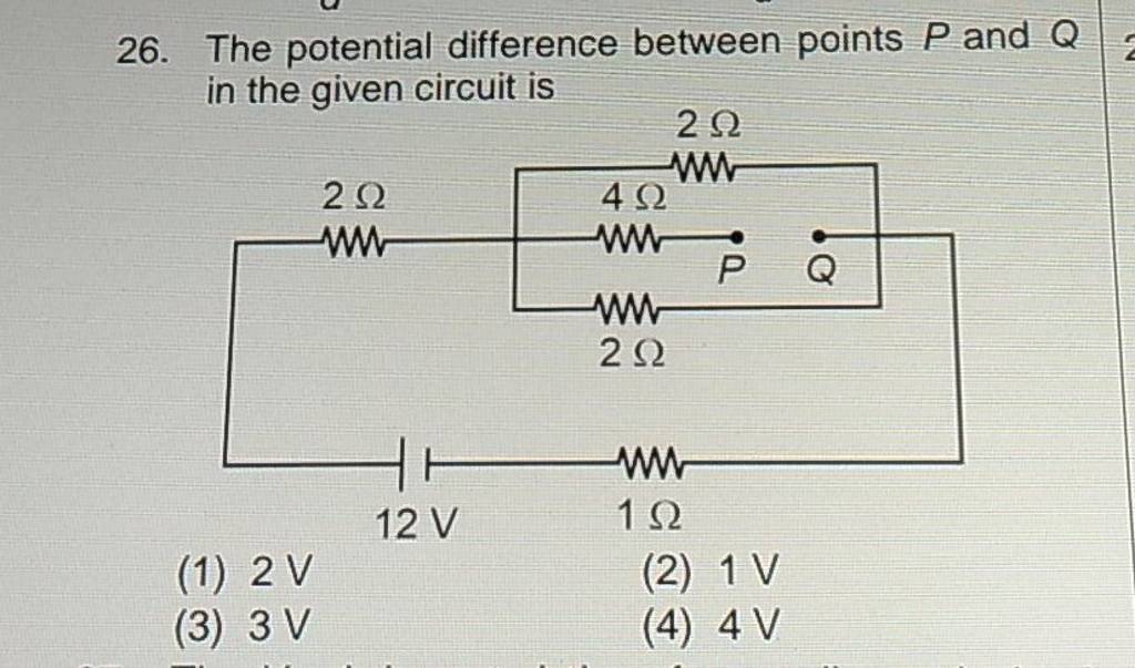 The potential difference between points P and Q in the given circuit is..
