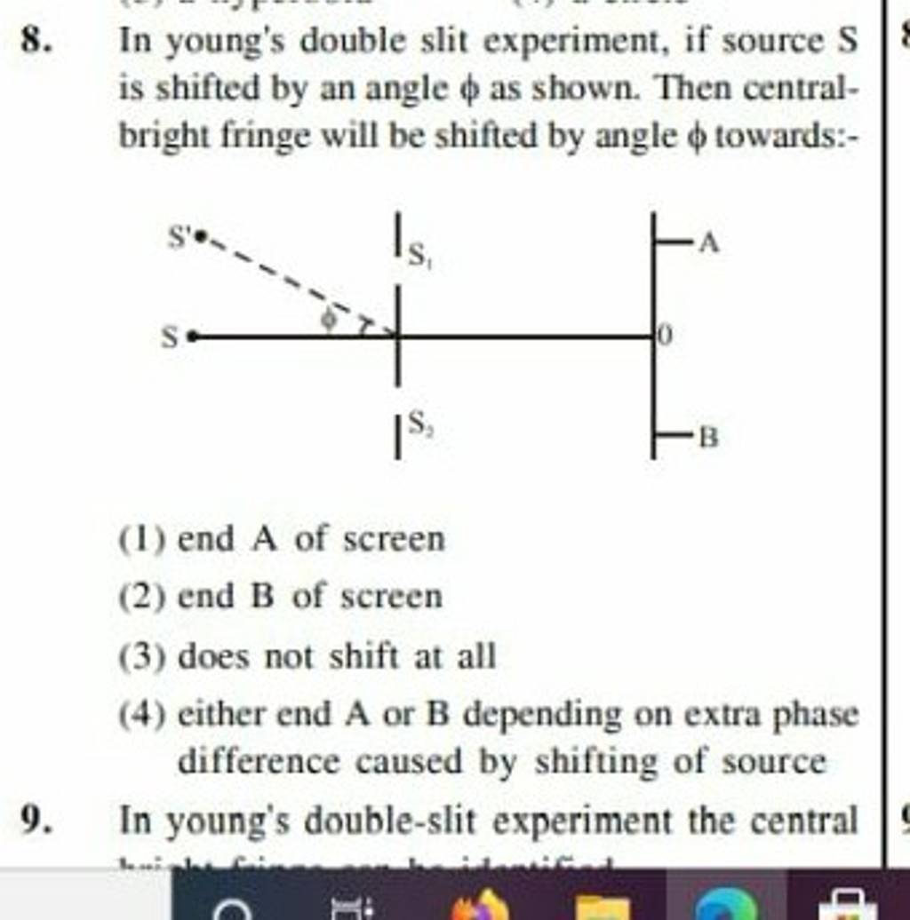 In youngs double slit experiment, if source mathrmS is shifted by an angl..