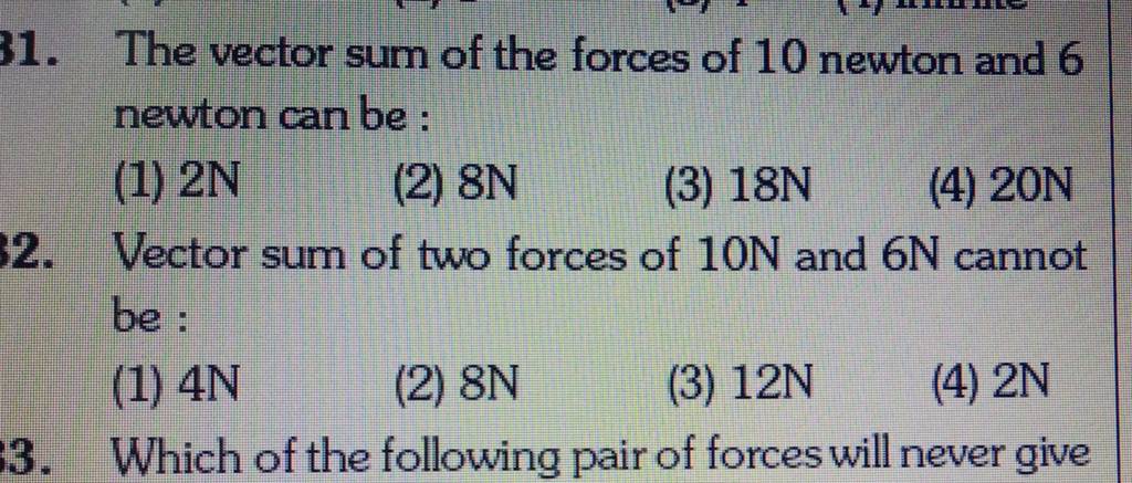 The vector sum of the forces of 10 newton and 6 newton can be: | Filo