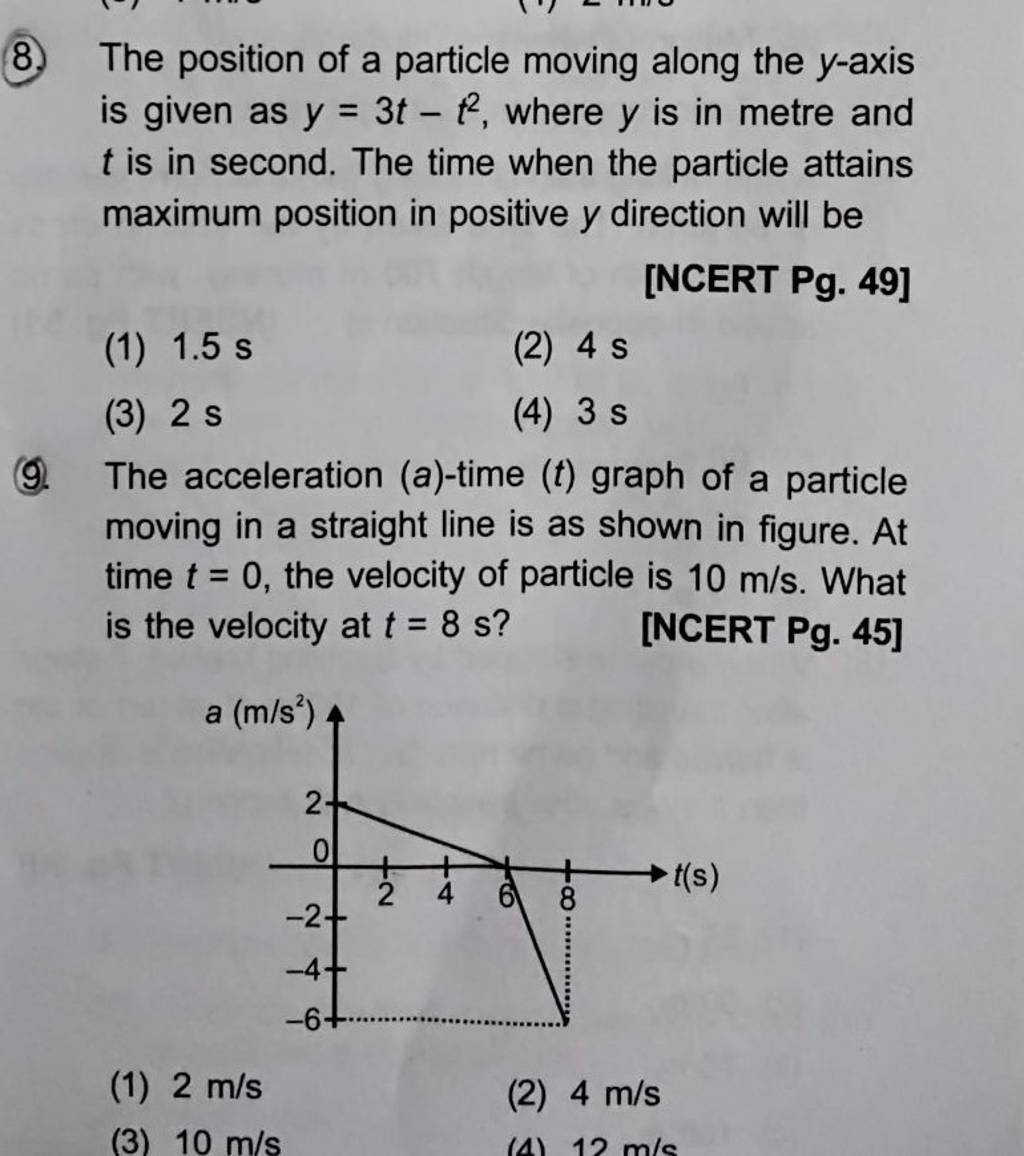 The position of a particle moving along the y-axis is given as y=3t−t2, w..
